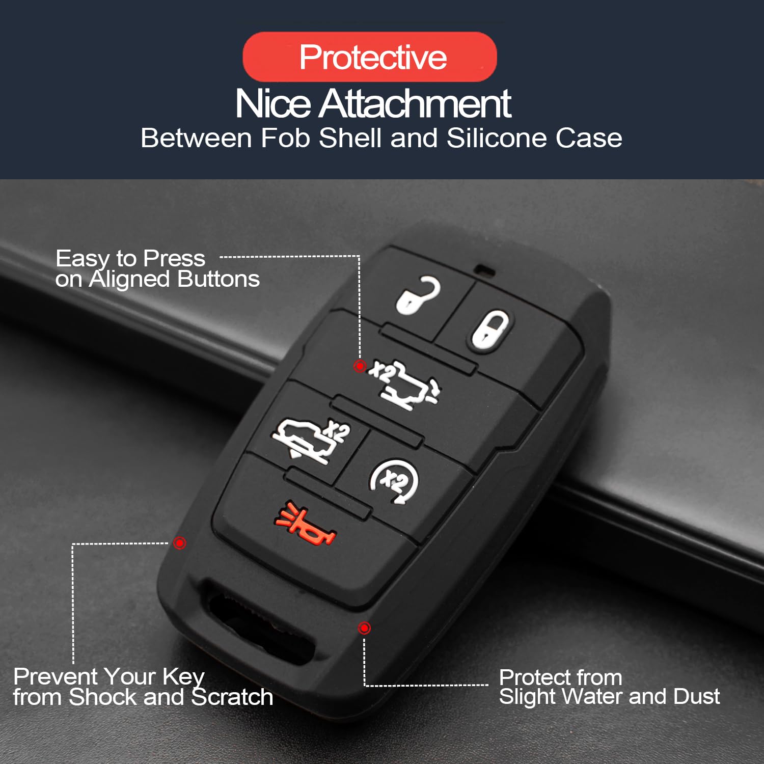 INFIPAR 2pcs Compatible with RAM 1500 6 Buttons Black Key Fob Cover Case Key Chain Protector Keyless Remote fit RAM 1500 Truck Pickup Only for Push Button Start