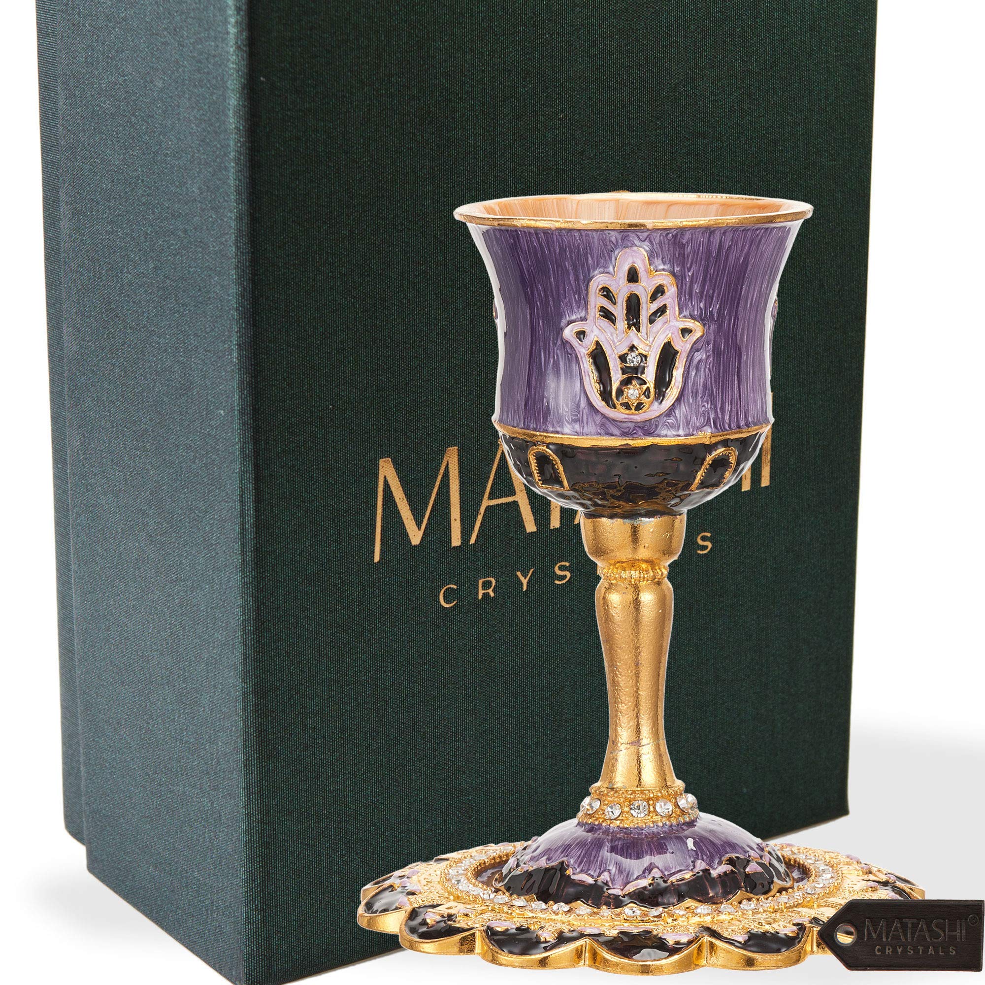 Matashi Hand-Painted Enamel Tall 5" Kiddush Cup Set with Stem and Tray Embellished with Crystals and Hamsa Design for Weddings Shabbat Havdalah Passover Goblet Judaica Gift Home Decor Blessings Cup