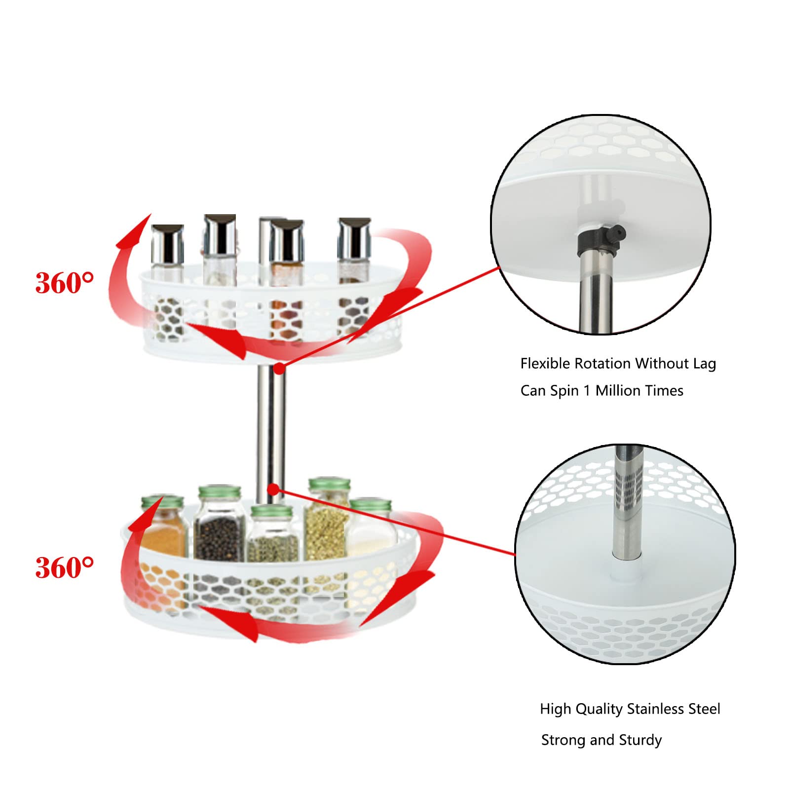 Lazy Susan Organizer, 2 Tier Rotatable Spice Rack, Spice Organizer with Suction Cup Base, Kitchen Countertop Organizer, Stainless Steel Turntable Organizer for Cabinet Bathroom Table