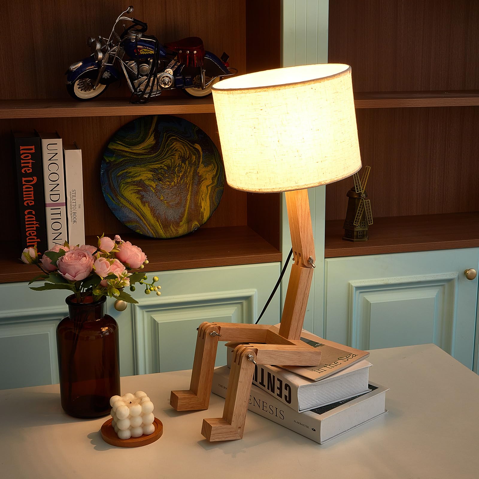 Kittmip Robot Cute Desk Lamp Novelty Wooden Creative Table Lamp with Wood Base Adjustable Shape Bedside Fun Funky Lamp Reading Wood Lamp DIY Fun Robot Lamp for Bedroom, Office, Study Desk, Kids Room