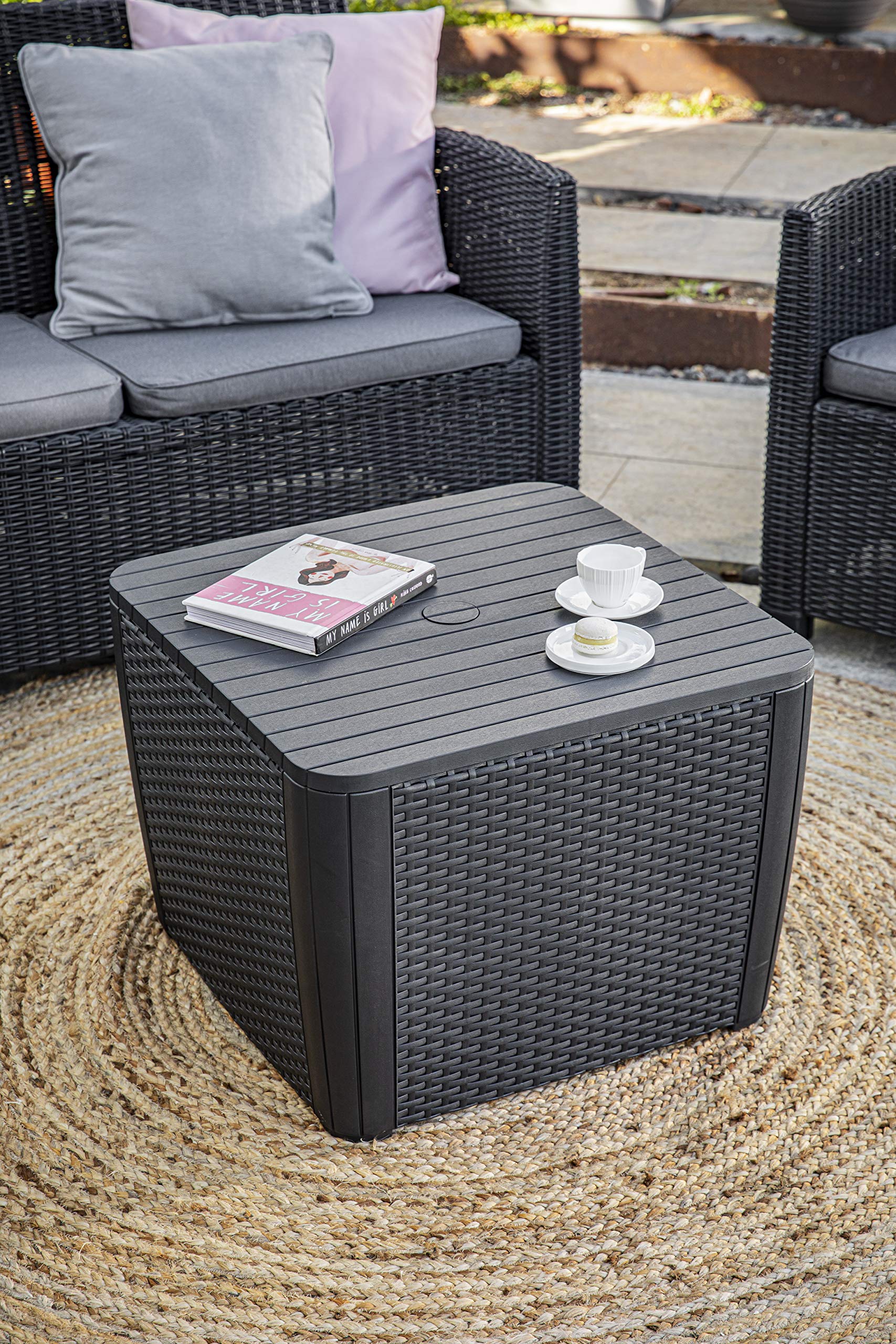 Keter Patio Side Table with Umbrella Hole | Pool Umbrella Base Cover | Outdoor Furniture End Table | Small Coffee Table | No Tools Required Easy Assembly, Graphite