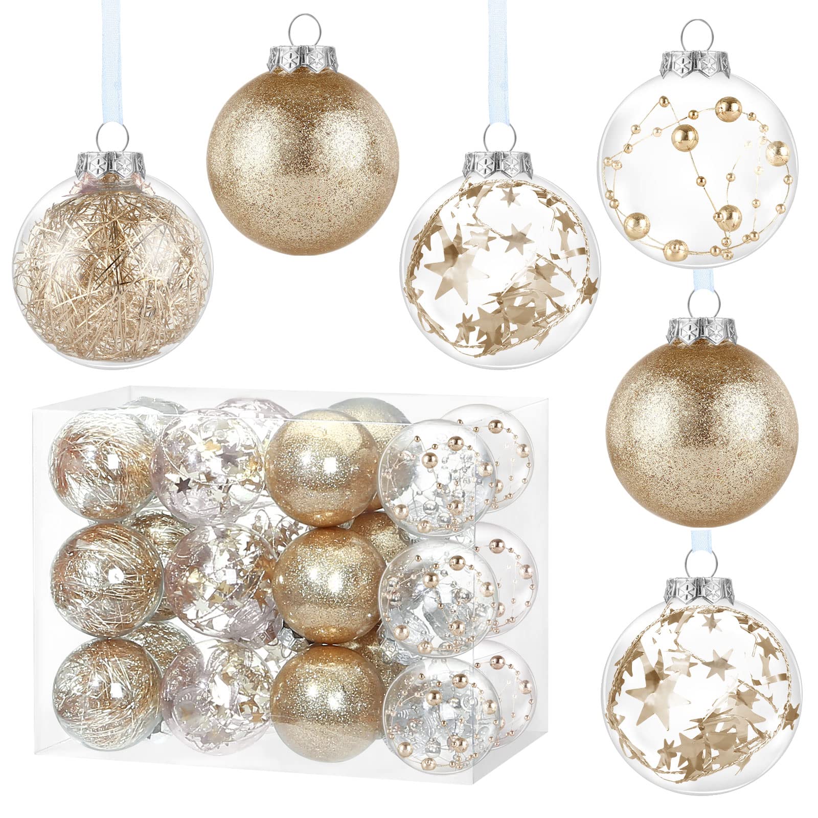 KESOTO 24Ct Christmas Ornament Balls 60mm/2.3", Shatterproof Champagne Christmas Tree Decorations Ornament Sets Clear Plastic Xmas Hanging Ball Decor