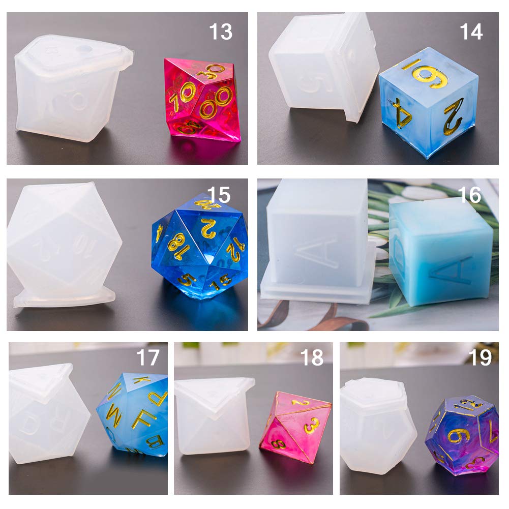 Juanya Dice Molds for Resin, 19 Styles Polyhedral Game Silicone Resin Dice Molds with Mixing Sticks, Finger Cots, Cups, Droppers and Acrylic Paints for Resin Lovers Table Games DIY Making