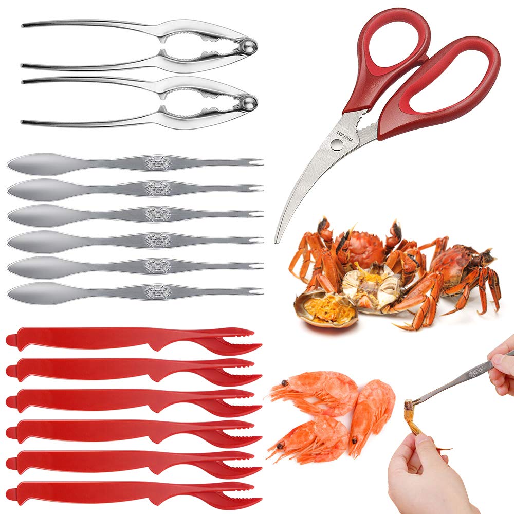 JDSUMS 15 Seafood Tools Picks Set Crackers Tools,2 Lobster Shellers,6 Red Picks,1 Scissor,6 Stainless Steel Forks for Lobster, Crab, Crawfish and Other Crustaceans - Kitchen Easy-opener Picnic Tools