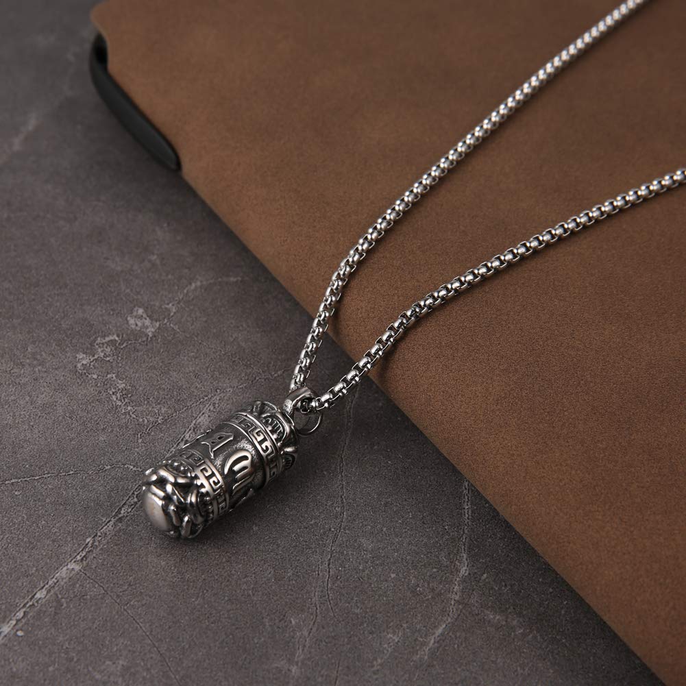 HZMAN Tibetan Buddhism Meditation Stainless Steel Pendant Commemorative Cremation Ashes Pill Cylinder Container Necklace 22+2 Inch Chain (cylindrical)