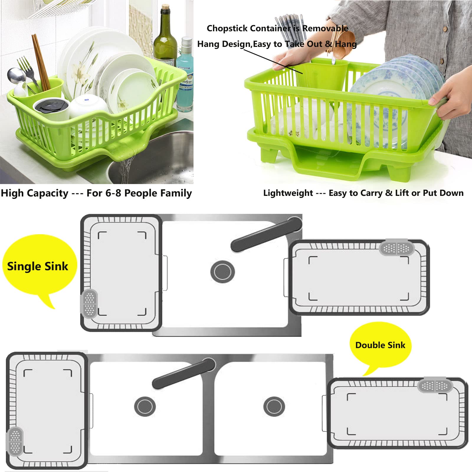 kuranai Dish Drying Sink Drainers Water Rack,Heavy Duty Sturdy Hard Plastic Sink Set with Removable Drainboard,Bowl Rack,Cup Rack,Cutlery Rack for Home Kitchen Sink Organizers(Front-Sink Drain Rack)