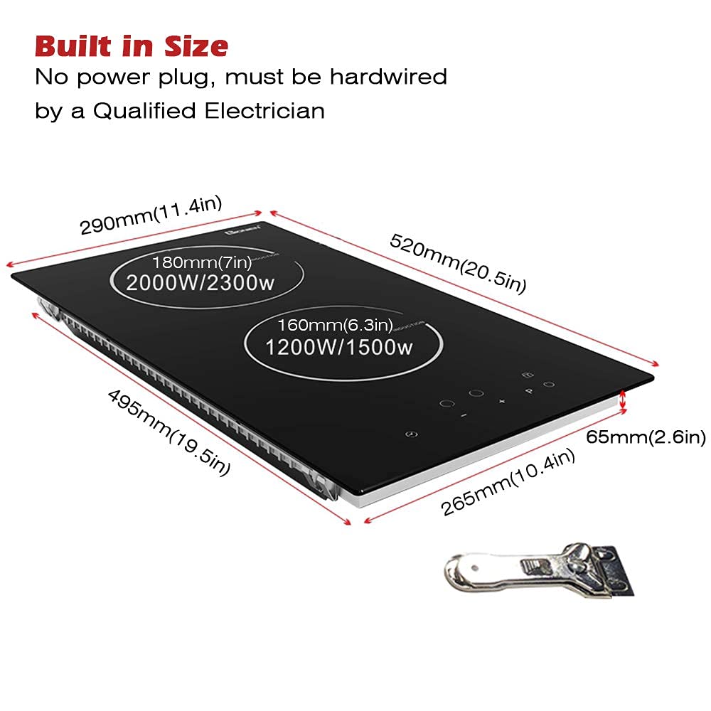 Induction Cooktop 12 Inch, 220V~240V, 2 Burners Electric Cooktop,3500W, 12'' Built-in Double Electric Stove Top Countertop Cooker with Hard Wire,No Plug