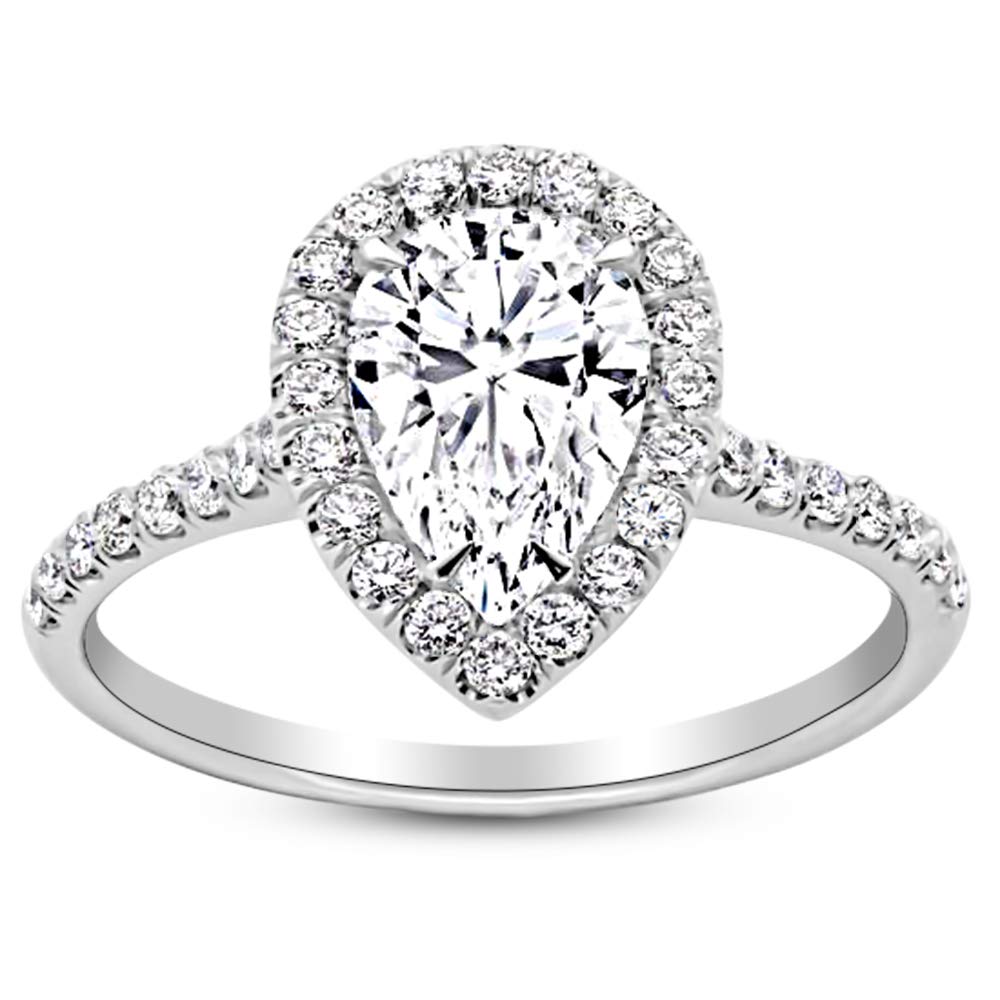 Houston Diamond District Near 1/2 Carat Halo Style Diamond Engagement Ring Pear Cut Shape (F-G Color SI1-SI2 Clarity)
