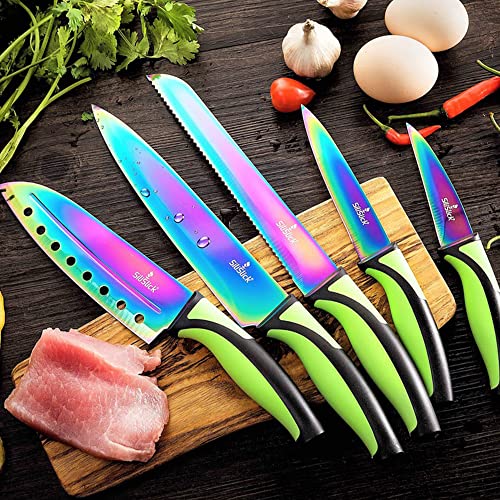 Kitchen Knife Set Kit, 5 Dishwasher Safe Colorful Knives, Knife Sharpener & Magnetic Wall Bar, Titanium Non Stick Plating Stainless Steel