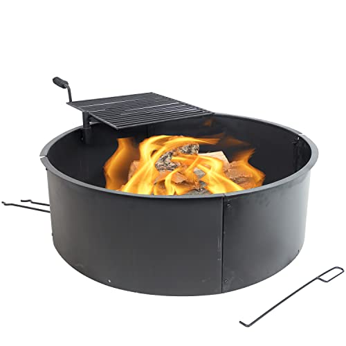 Sunnydaze 36-Inch Heavy-Duty 2mm Thick Steel Wood-Burning Fire Ring with Cooking Grate and Fire Poker