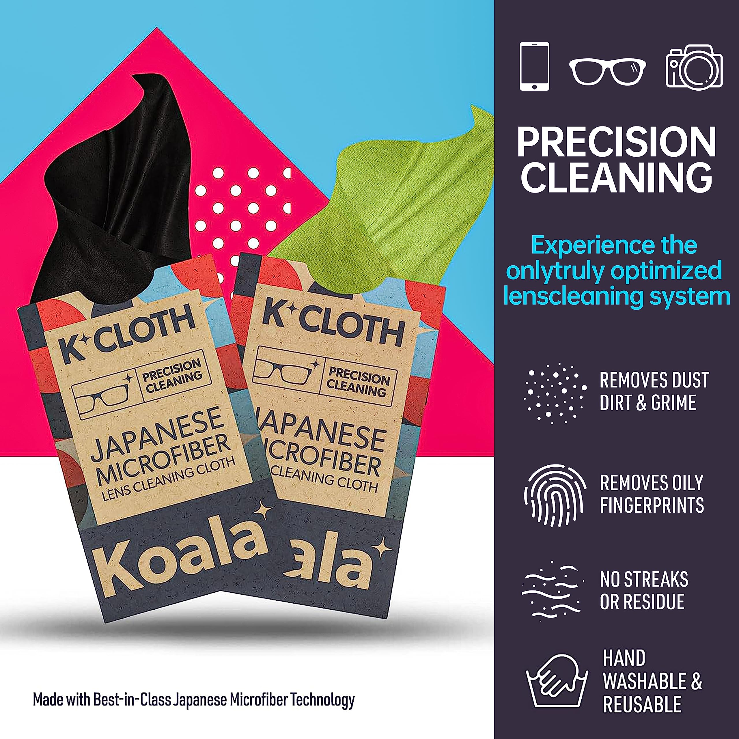 Koala Lens Cleaning Cloth | Japanese Microfiber | Glasses Cleaning Cloths | Eyeglass Lens Cleaner | Eyeglasses, Camera Lens, VR/AR Headset, and Screen Cleaning | Black & Green (Pack of 2)