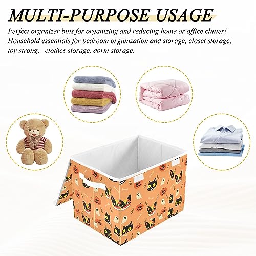 Krafig Foldable Storage Box Large Cube Organizer Bins Cute Halloween Black Cat Dog Containers Baskets with Lids Handles for Closet Organization, Shelves, Clothes, Toys
