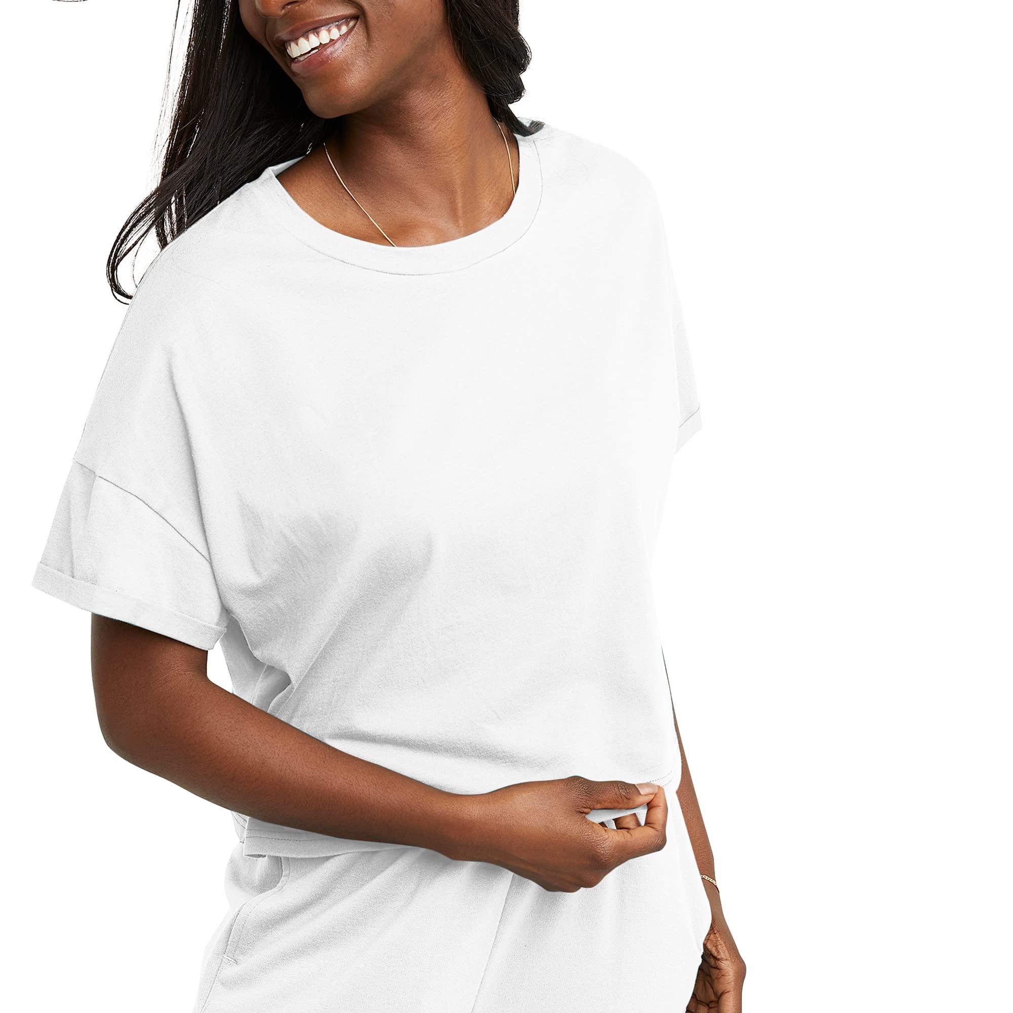 Hanes Women's Originals Boxy T-Shirt with Rolled Sleeves, 100% Cotton Crop Top, White