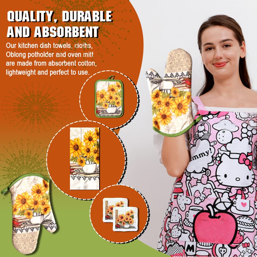 Lobyn Value Packs Decorative and Lightweight Printed Themed Kitchen Linen Towel Sets Perfect for Home Decor (5 Piece, Sunflower)