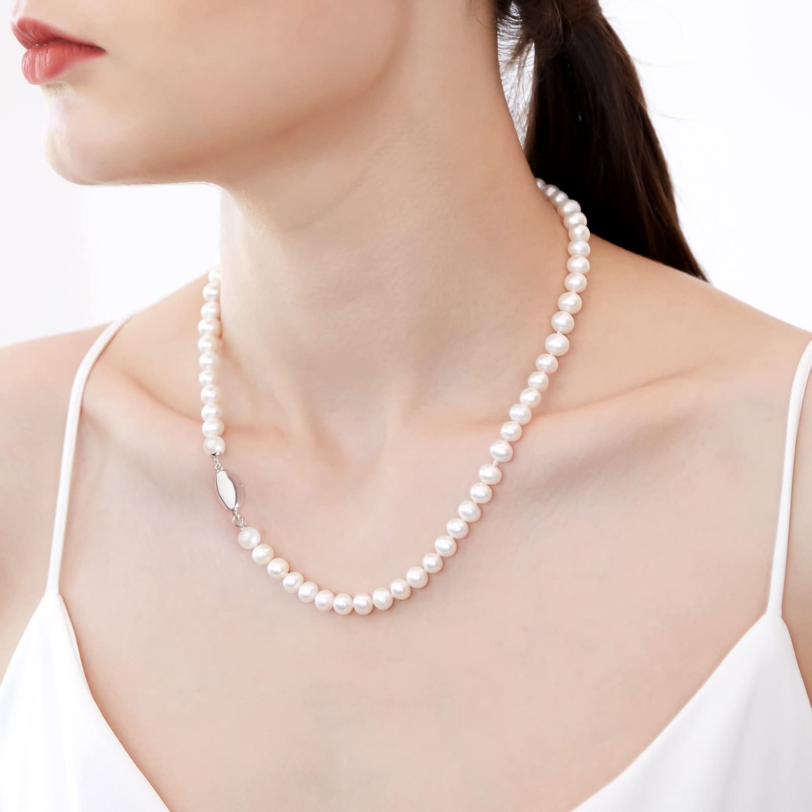 LANE WOODS Single Strand Pearl Necklace for Women (18 inch, 8-9mm)