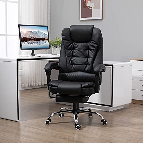 HOMCOM High Back Ergonomic Executive Office Chair, PU Leather Computer Chair with Retractable Footrest, Lumbar Support, Padded Headrest and Armrest, Black