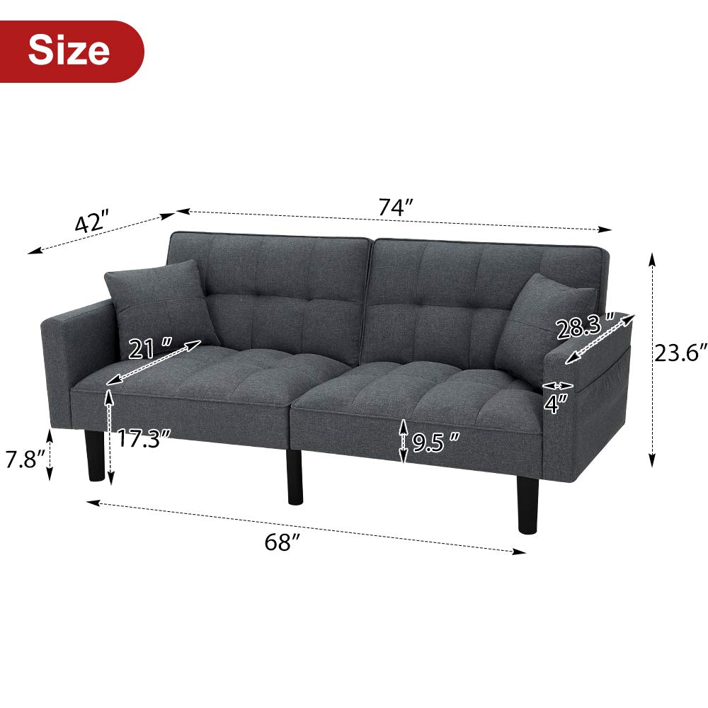 HOMHUM Convertible Sleeper Sofa Bed Modern Linen Fabric Couch Bed Futon Sofa Bed with 2 Pillows for Living Room, Apartment, Guest Room, Classic Grey
