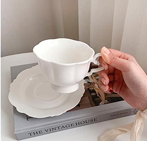 Jucoan Set of 6 Porcelain Tea Cups and Saucers, Bone China Tea Cup Set, 6 oz White Porcelain Tea Set, Coffee Cups, Espresso Cups for Latte Tea, British Tea Cups Gifts for Wedding Birthday