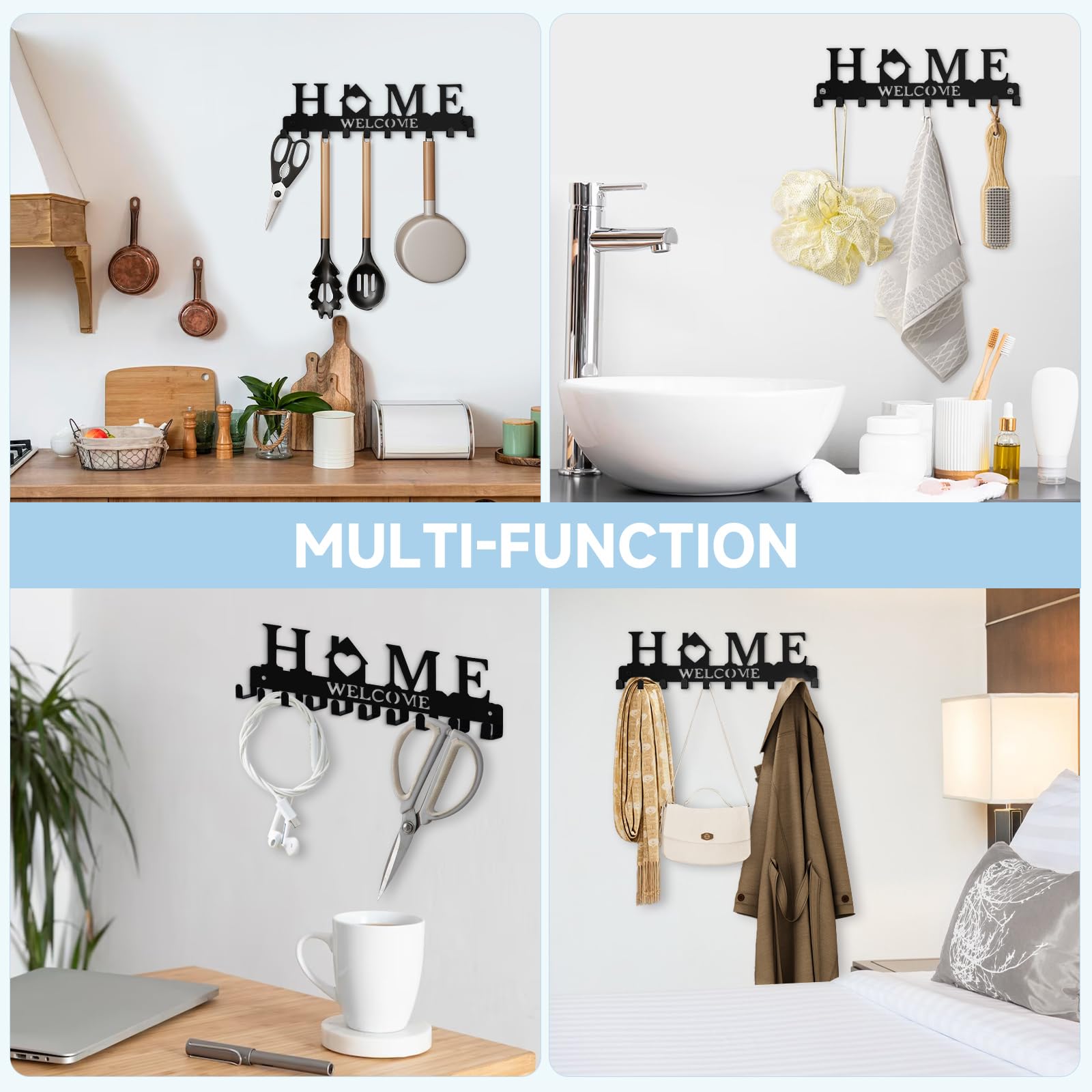 HOMEBROS Key Holder Wall Mount, Black Metal Key Hanger Adhesive Key Rack Organizer with 10 Key Hooks Wall Decorative for Entryway Doorway Hallway Garage 2 Installation Methods