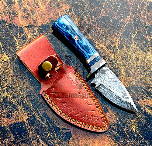 JNR Traders VK3512 Handmade Damascus Steel Hunting Skinner Knife Camel Bone & Pakka Wood Handle with Leather Sheath
