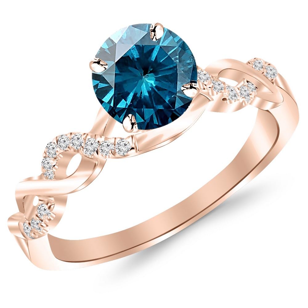Houston Diamond District 1.13 Carat 14K Rose Gold Twisting Infinity and Split Shank Pave Set Engagement Ring with a 1 Blue Center (Heirloom Quality)