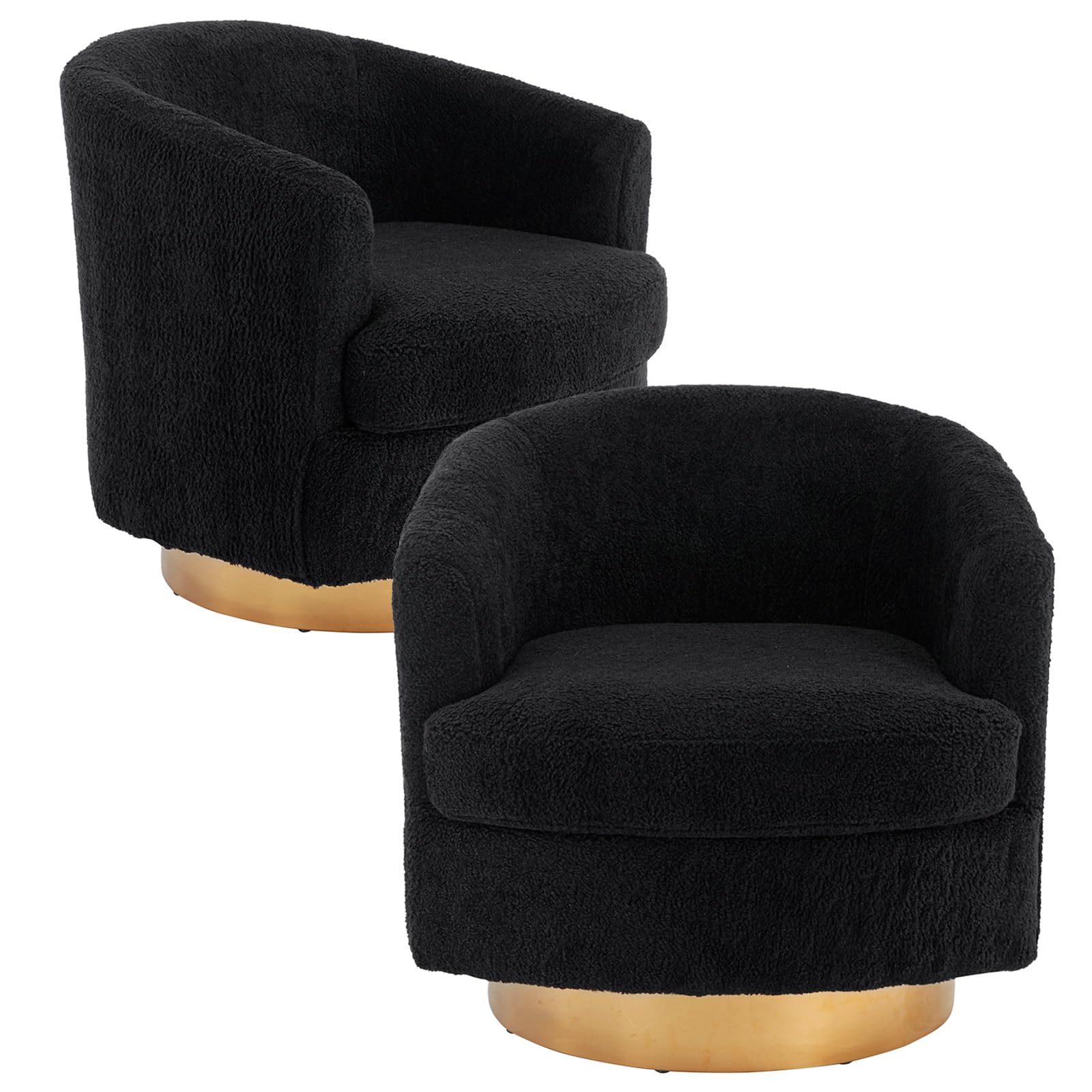 HANLIVES Swivel Accent Chair Set of 2 | 30.7''W Boucle Arm Chair with Gold Stainless Steel Base | 360 Degree Comfy Barrel Chair Single Sofa Chair for Living Room Bedroom Lounge Hotel(Black Boucle*2)