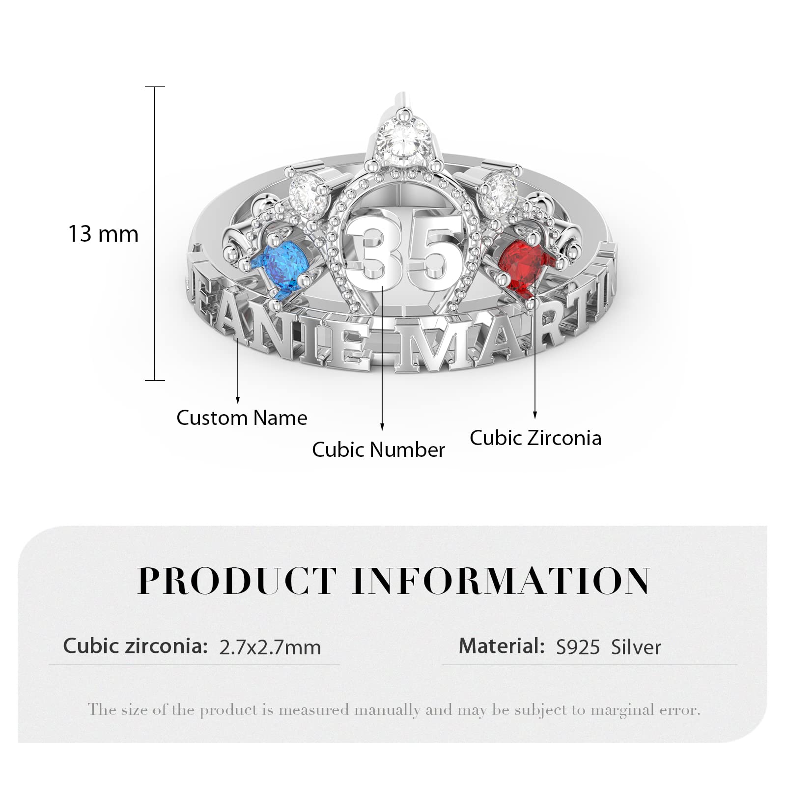Luxladis Creative 3D Custom Name Initial Ring with Princess Crown Birthstone Rings for Women Bride Engagement Ring Dainty 925 Sterling Silver Personalized Promise Rings for Her (custom name & number)