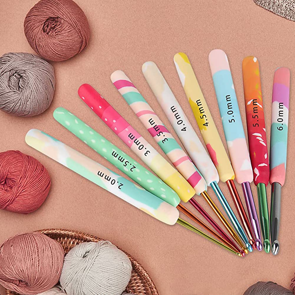 Katech 69 pcs Yarn Crochet Hooks Kit DIY Yarn Weaving Tools Ergonomic Crochet Hook Needles with 6 pcs Random Colors Yarn Balls Skeins for Crochet Lovers (Light Color)