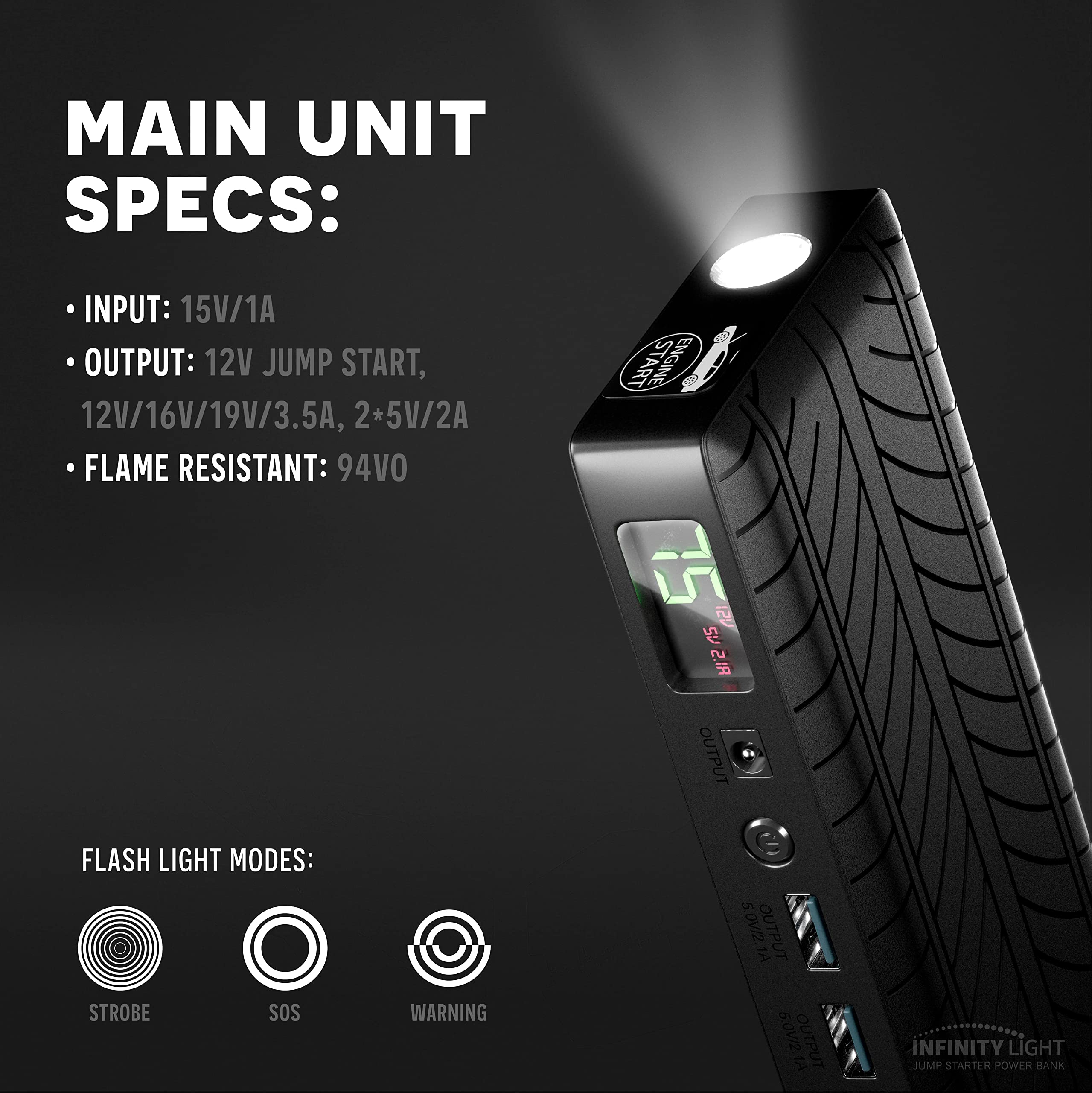 Infinity Light Jump Starter Battery Pack β 1000Amp 18,000mAh 12V Car Portable Battery Booster Pack Power Bank β 2 in 1 USB Charger with LCD Display, LED Light Emergency Warning Mode, 6L Gas/4L Diesel
