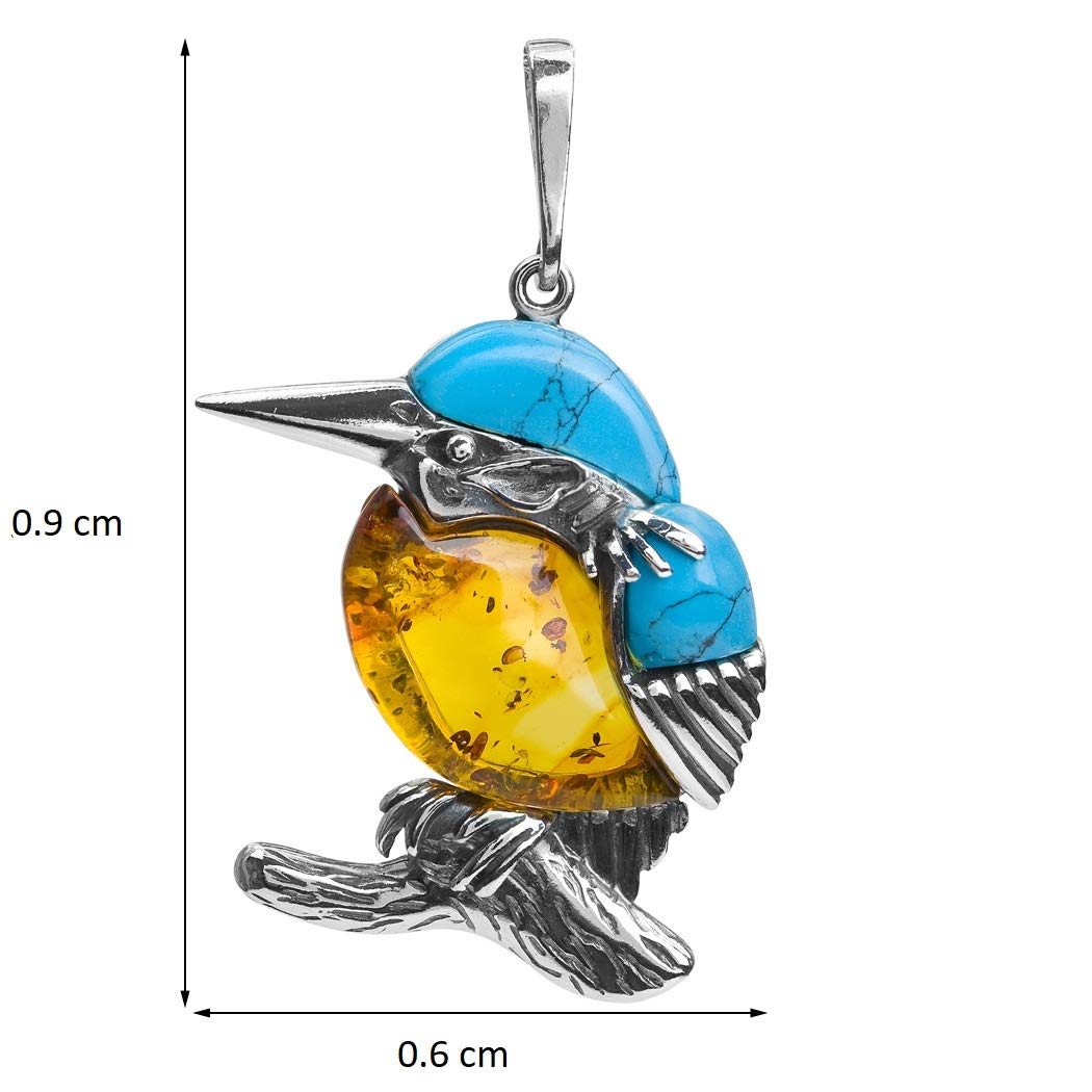 Ian and Valeri Co. Amber Sterling Silver Blue Stabilized Turquoise Kingfisher Bird Small Pendant, Yellow, 33954sm