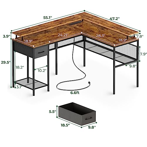 Huuger L Shaped Desk Computer Desk with LED Lights & Power Outlets, Gaming Desk with Storage Shelves, Corner Desk Home Office Desk, Rustic Brown