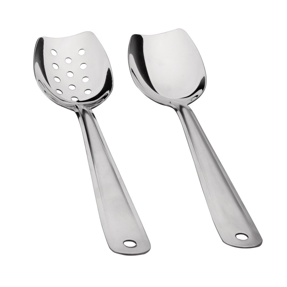 IMEEA Flat Bottom Serving Spoon 18/8 Stainless Steel Slotted Spoon 10-Inch Flat Edge Spoon Cooking Spoon, Set of 2