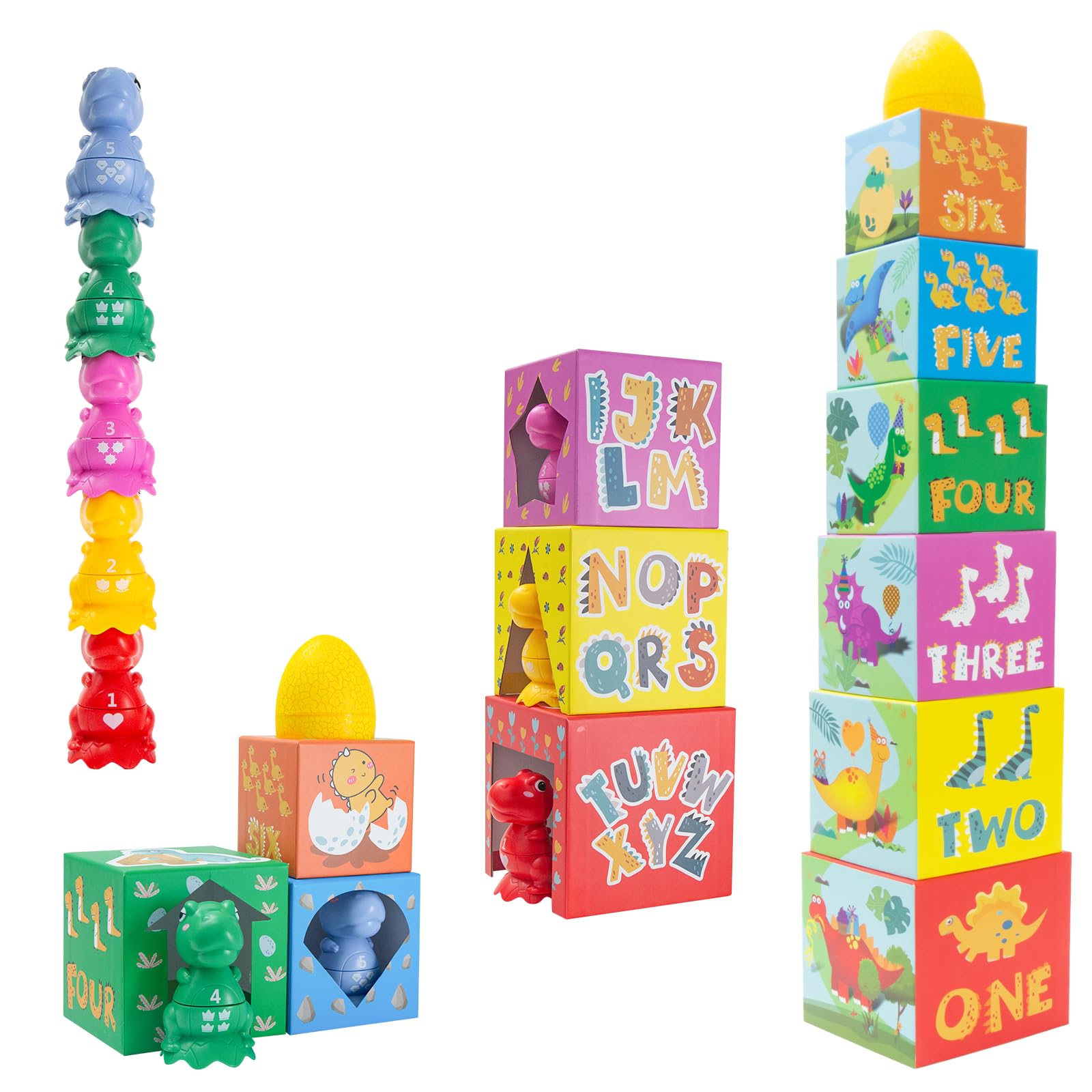 MITCIEN Dinosaur Stacking Blocks Toys for Toddlers, Toddlers Preschool Learning Toys Number Stacking Nesting Boxes, Preschool Educational Toys with Dinosaur&Egg