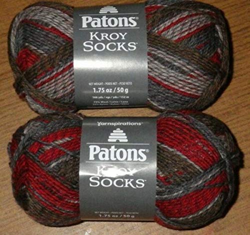 Lot of 2 Skeins, Patons Kroy Sock Yarn, 1.7 oz, 166 yds- Color is Grey Brown Marl (with red)