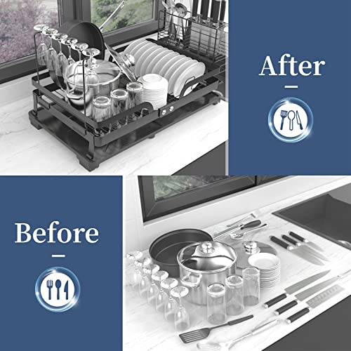 Kitsure Dish Drying Rack, Rustproof Dish Rack with Large Capacity for Dishes, Pans, Glasses & Cutlery, Foldable & Compact Dish Drainer with Easy Installation & Adjustable Water Outlet