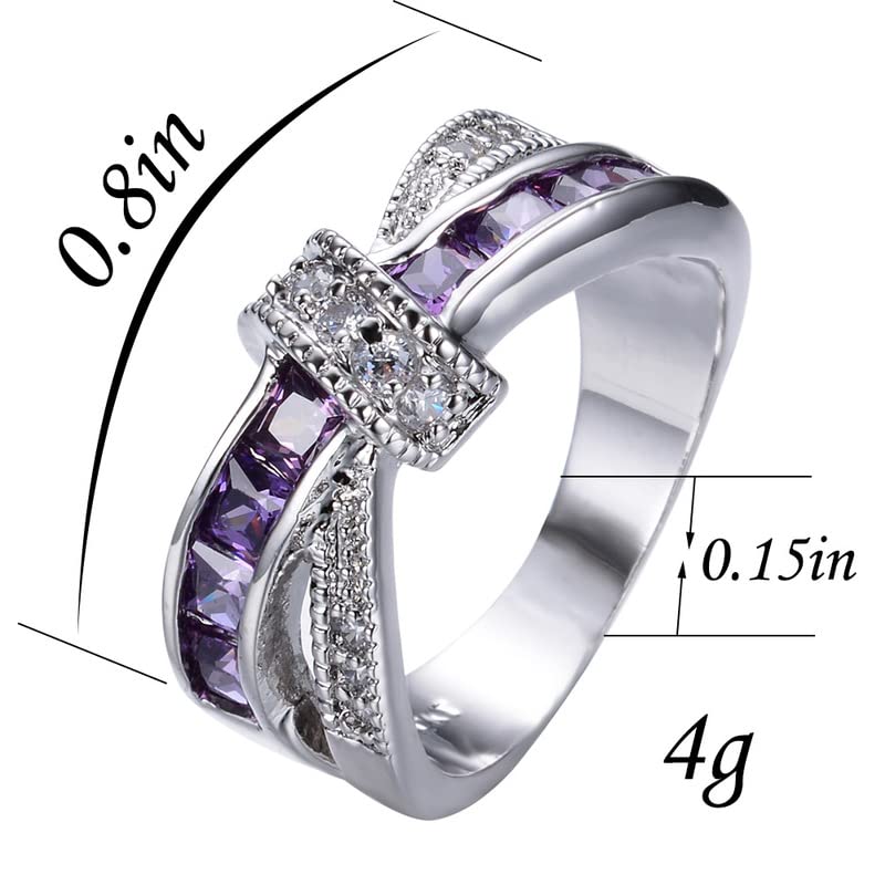 NP Silver Rings Personalized Engraved Cross-Finger Birthstone Ring Sterling Silver 925 Promise Ring for Her Wedding Band Ring Engagement Ring(Purple,7)