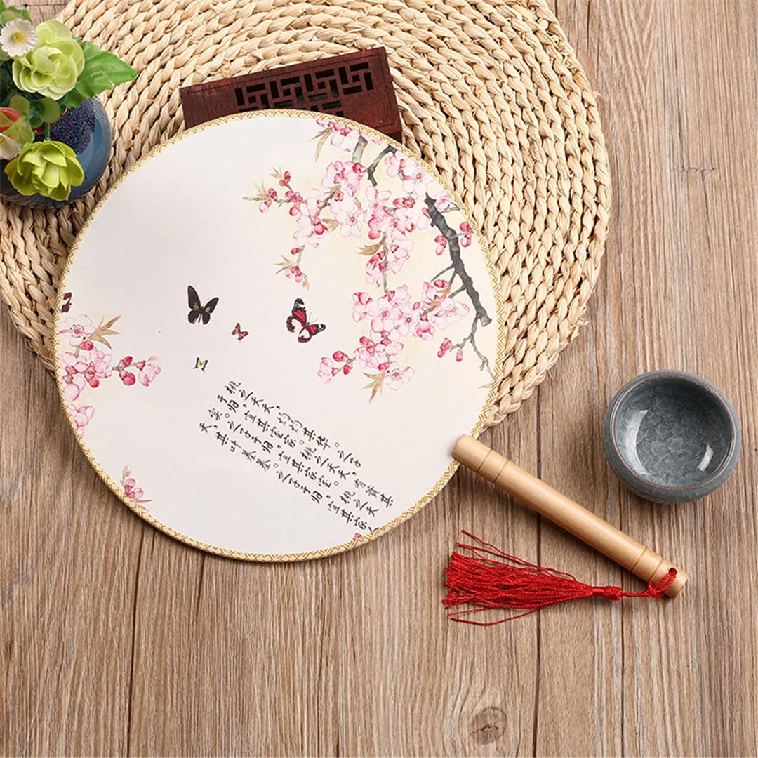 Lmtossey Single-Sided Silk Cloth Printing Chinese Style Round Fan with Wooden Handle Portable Printed Vintage Fan Dance Round Fan