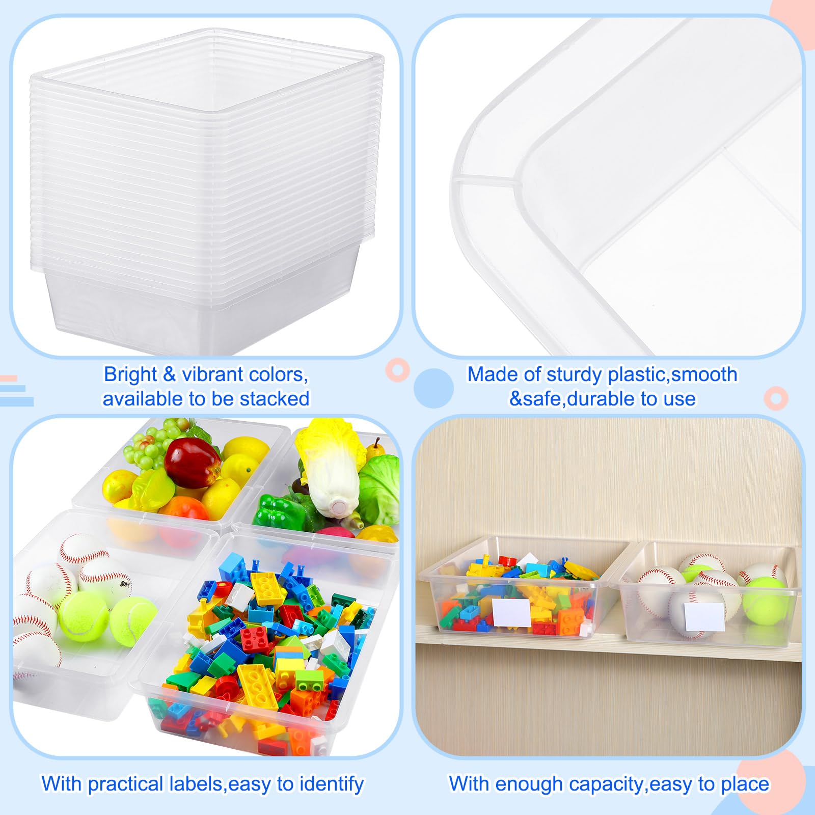 Hoolerry 24 Pcs Plastic Cubby Storage Bins Classroom Cubby Organization with Self Adhesive Labels Bin Small Stackable Storage Containers Toy Book Storage Box for School(Clear, 14 x 10 x 3 Inch)