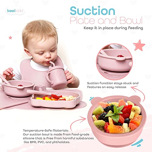 KOOLKIDD 11 in 1 Silicone Baby Feeding Set with Suction Bowl Plate Sippy Cup Spoons Forks Adjustable Bib Placemat for 6+ Months Dishwasher and Microwave Safe (Pink)
