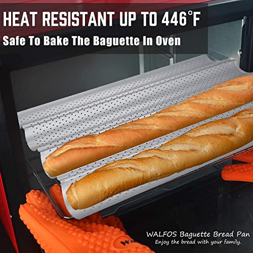 WALFOS 2PCS French Baguette Bread Pan ,with Professional Proofing Cloth, 15"X 13" Non-stick french bread pan, 4 Wave Loaves Loaf baguette pan for baking Toast Perforated Bakers Molding