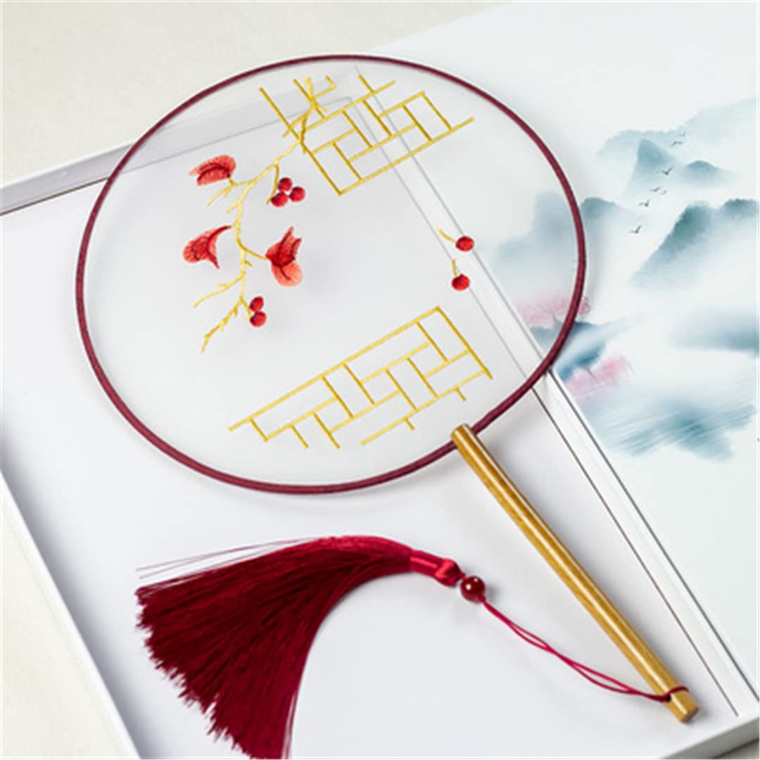 Lmtossey Traditional Chinese Double-Sided Pattern Hand Held Circular Fan, China Han Ancient Dance Hanfu Cheongsam Embroidery Round Fan