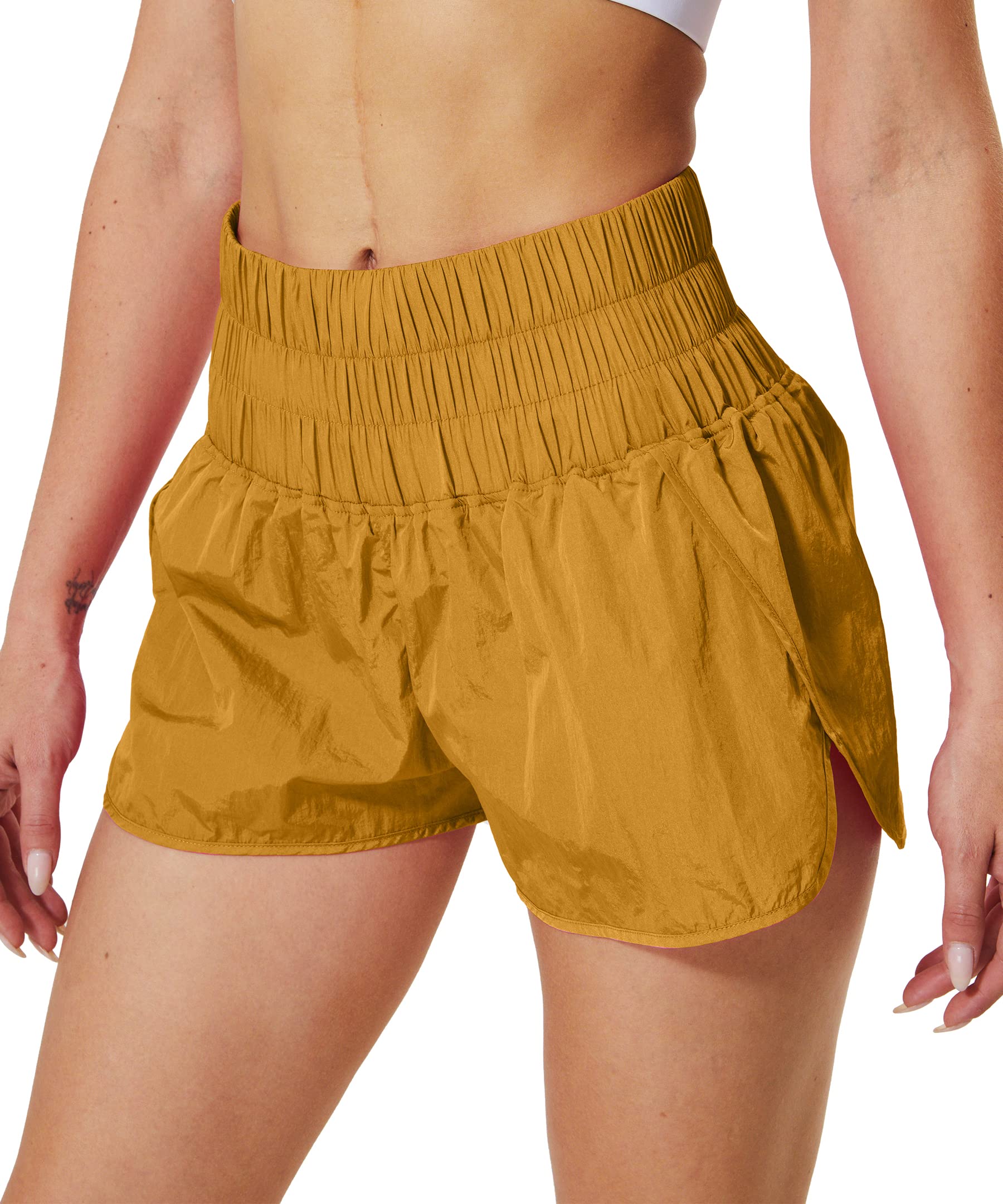 MEIVSO Women's High Waisted Running Shorts Quick Dry Elastic Shorts Casual Workout The Way Home Shorts Yellow XL