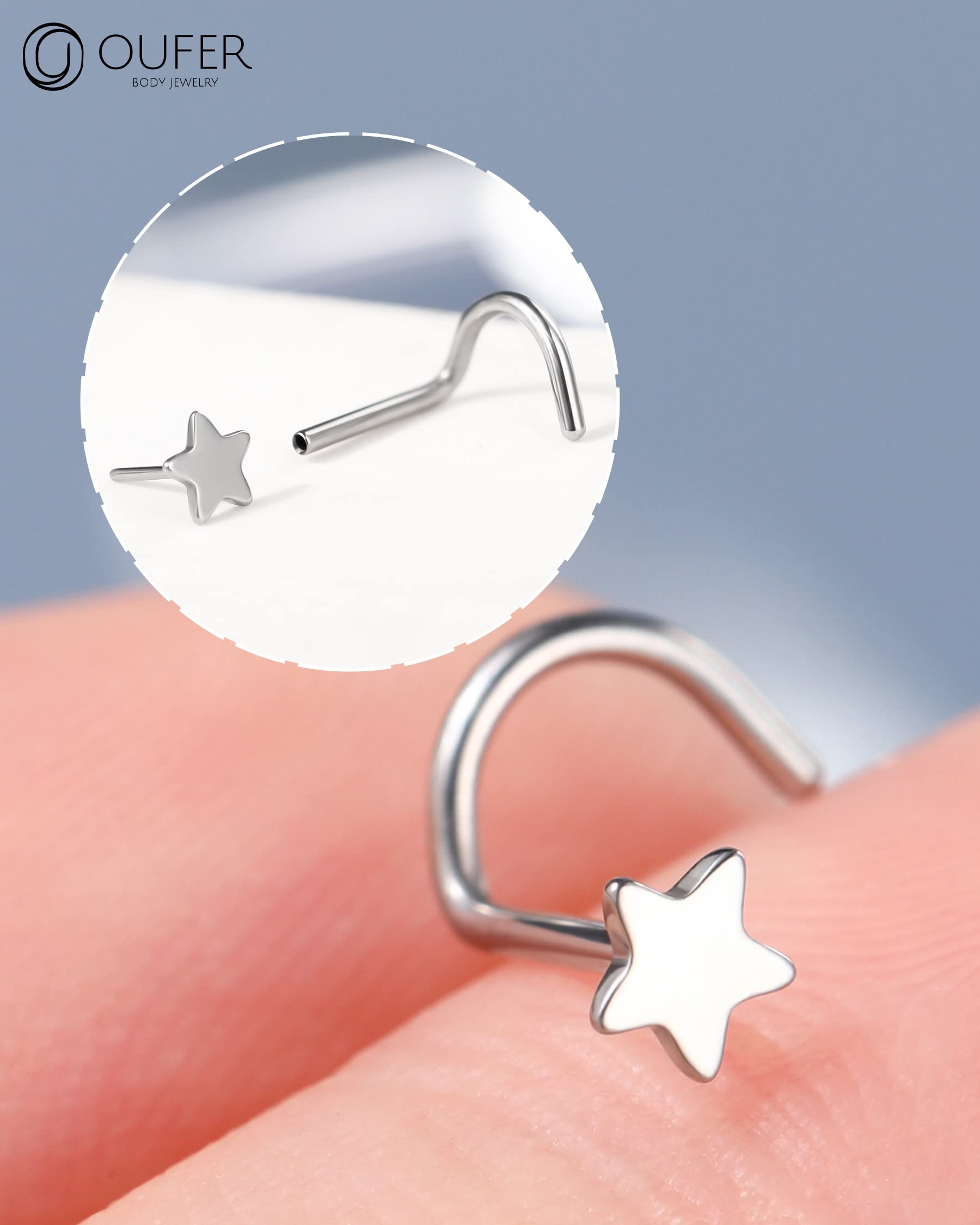 OUFER 20G Nose Studs, G23 Solid Titanium Nose Screw Studs, Star Designed Push-In Nose Rings, Nostril Piercing Jewelry for Women And Men-Star