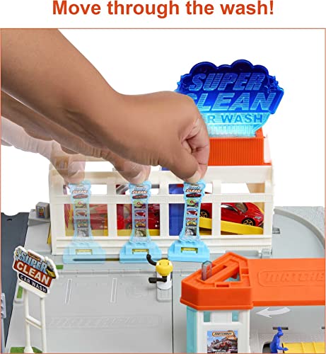 Matchbox Toy Car Playset, Action Drivers Super Clean Car Wash with 1 Chevrolet Corvette in 1:64 Scale, Lights & Sounds, Connects to Other Sets