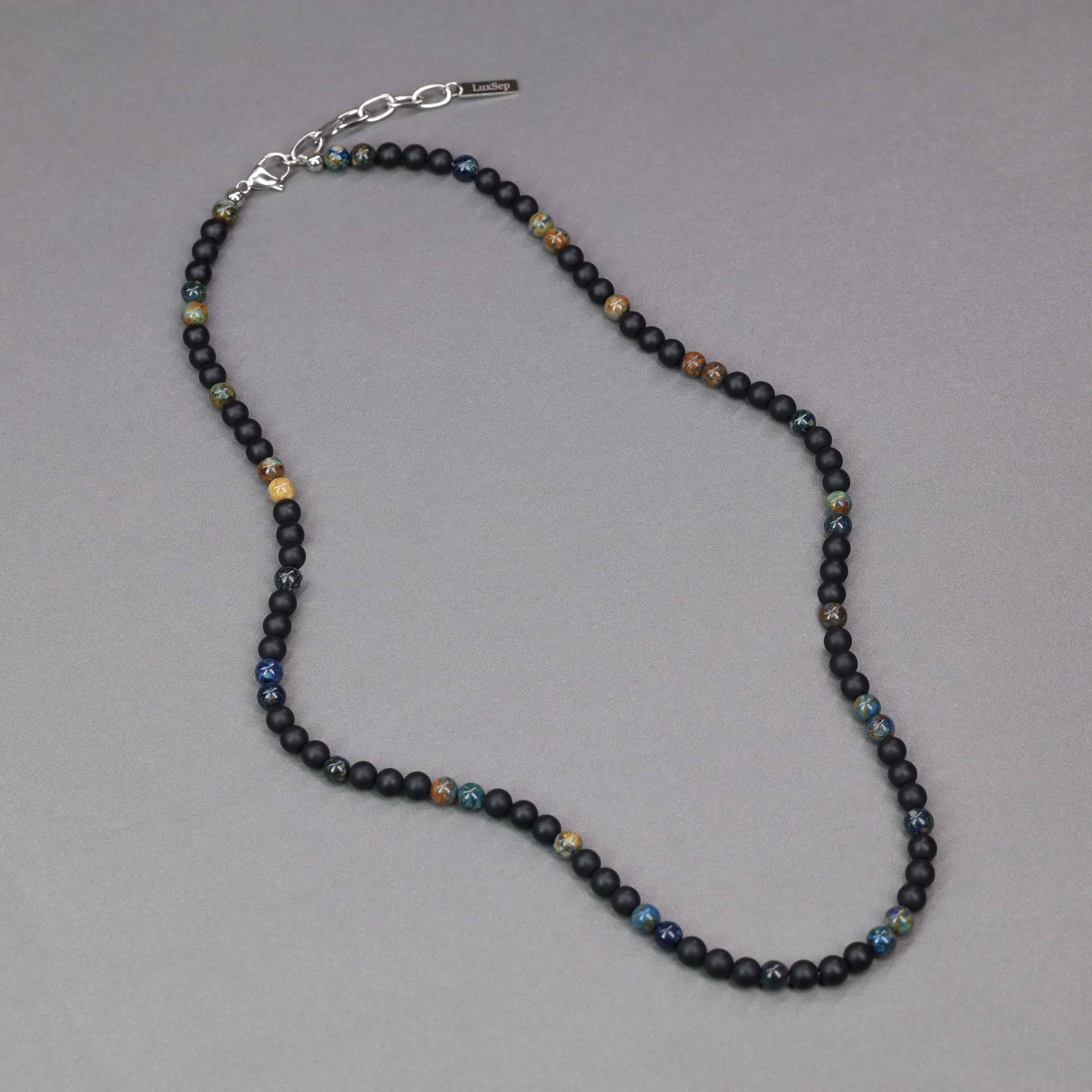LuxSep Minimalist Style Natural 6mm Azurite and Onyx Beaded Necklace 20β