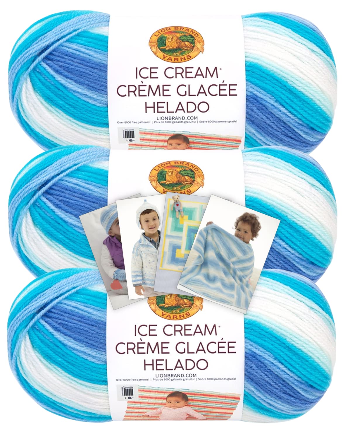 Lion Brand Ice Cream Yarn - 3 Pack with Pattern Cards in Color (Blue Moon)