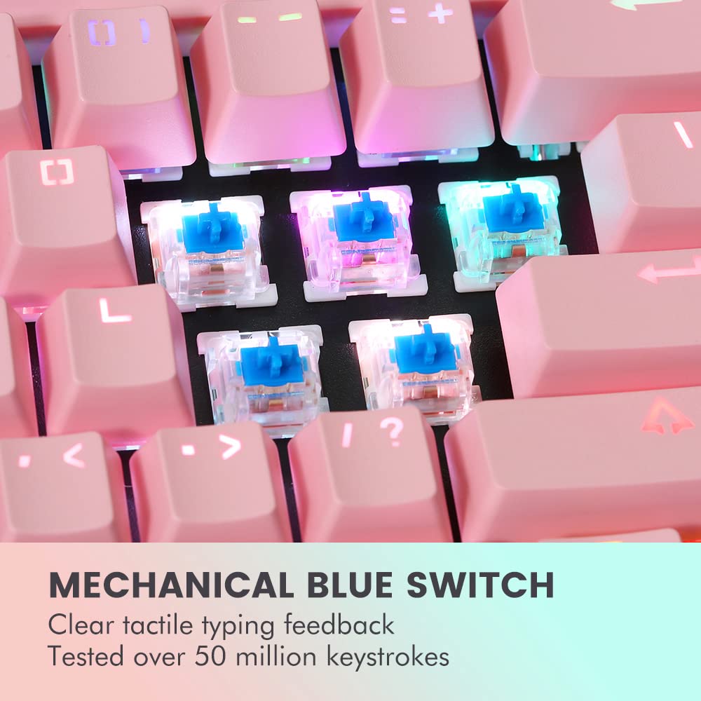 K51 Wireless Gaming Keyboard and Mouse Combo, Wireless Mechanical Keyboard/RGB Backlit Compact 87 Key/4000DPI Mouse, Rechargeable 3800mAh Battery for PC Gaming and Office-Pink
