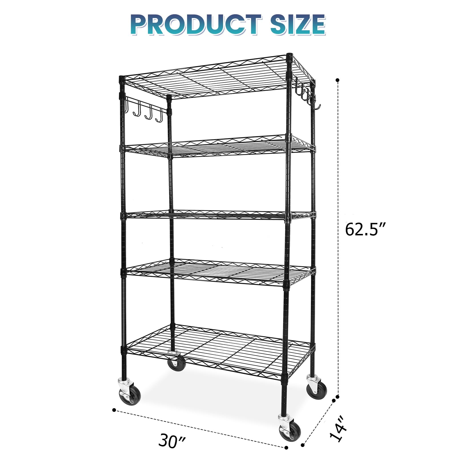 Hlyluoyi 5-Shelf Adjustable, Heavy Duty Storage Shelving Unit on 3'' Wheel Casters, NSF Metal Pantry Shelves, Wire Rack Storage Shelf for Garage Pantry Kitchen, Black, 30" W x 14" D x 63" H