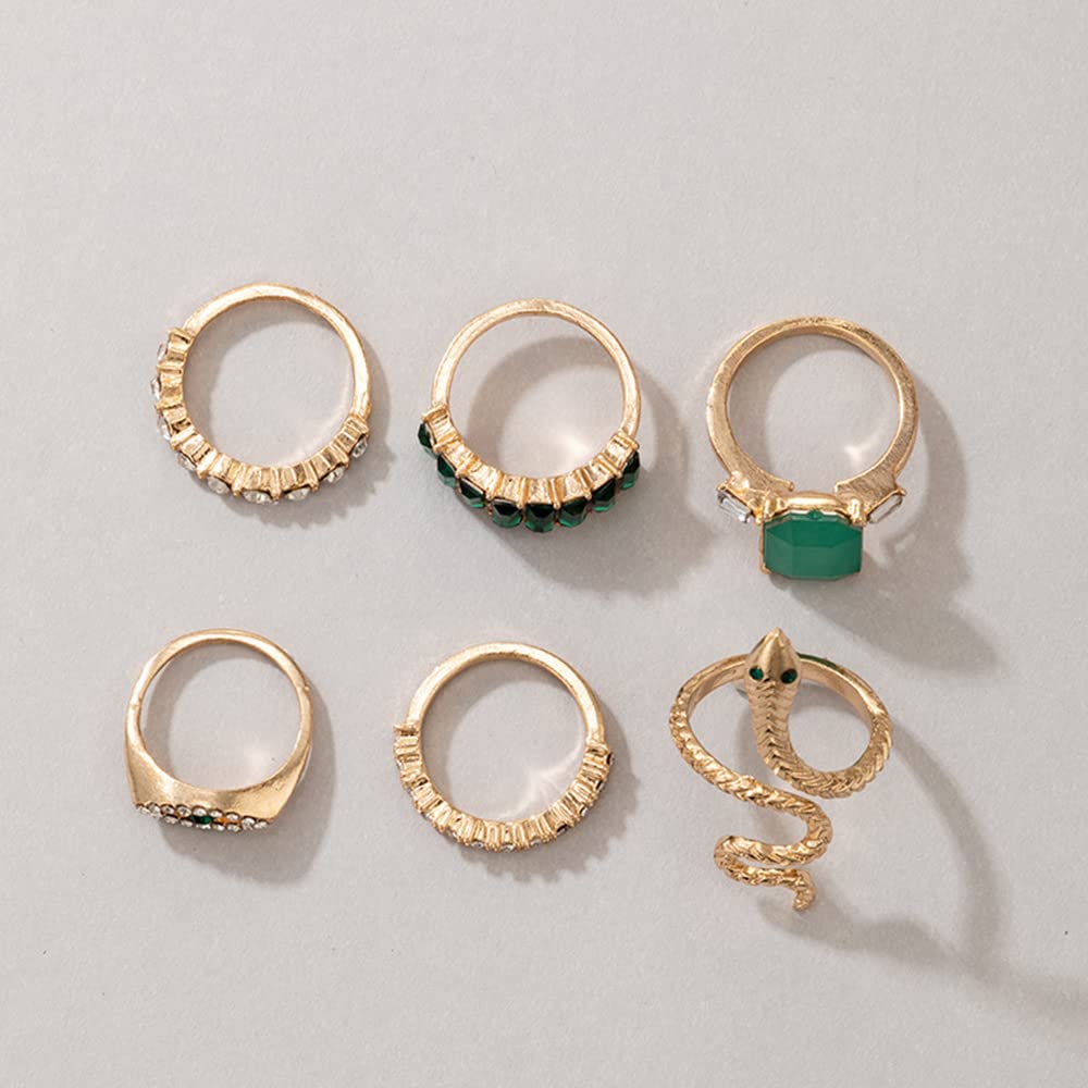 Jumwrit Bohemian Knuckle Finger Rings for Women Gold Snake Evil Eye Rhinestone Rings Green Emerald Stackable Rings for Teens Girls (6 PCS)