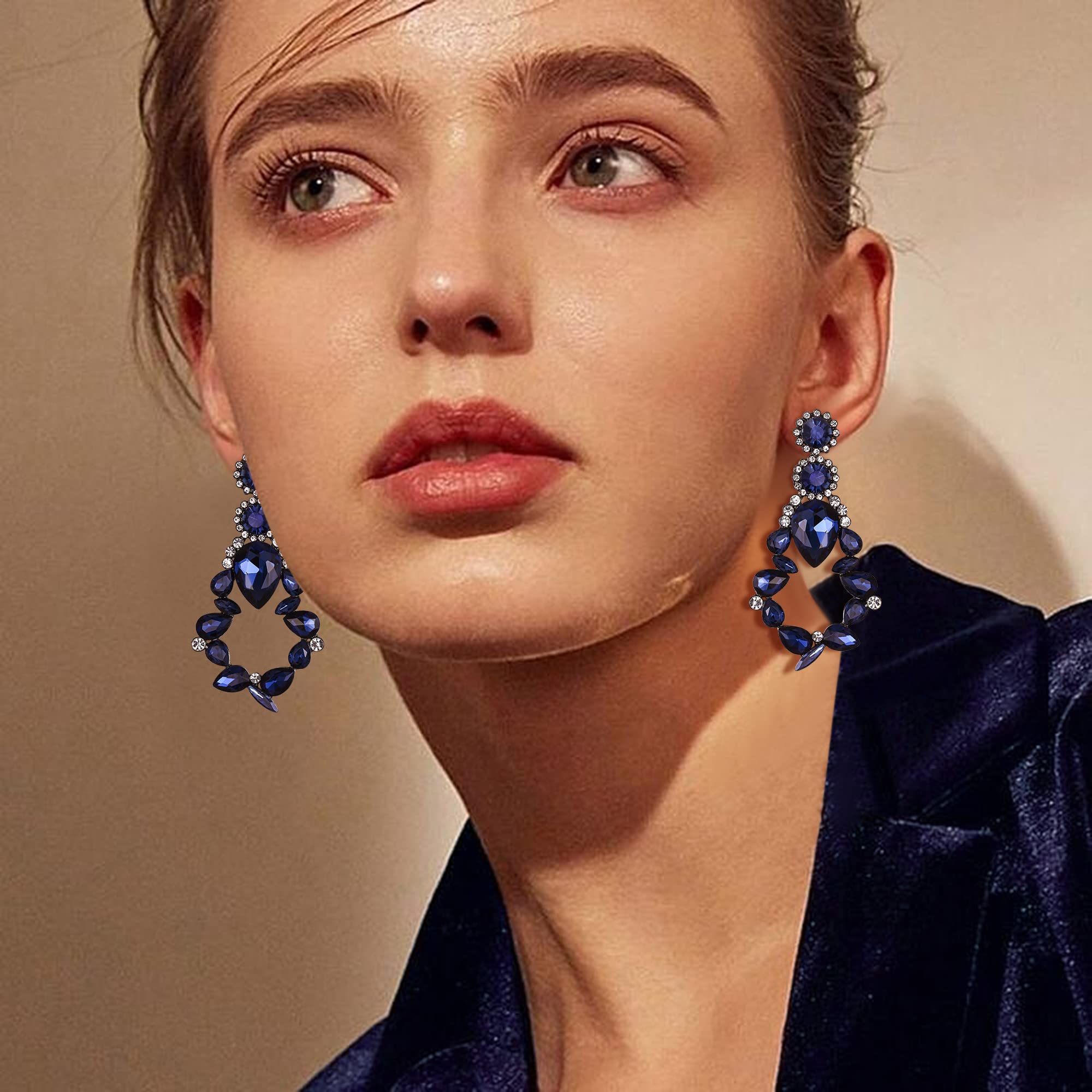 Mayfox Austrian Crystal Dangle Chandelier Statement Earrings, Round Teardrop Rhinestone Party Style Drop Earring for Woman Sapphire Blue_Black Tone